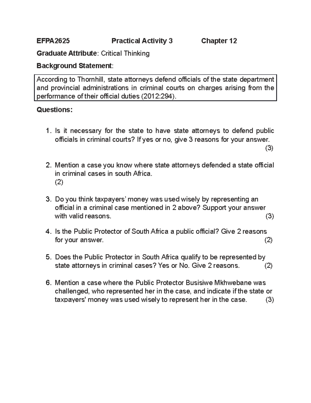 2023 EFPA2625 Practical 3 Chapter 12 - EFPA2625 Practical Activity 3 Chapter 12 Graduate ...