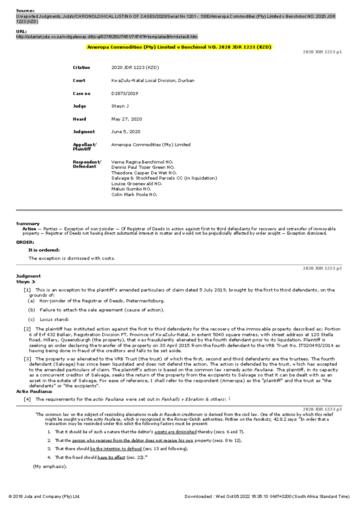 Ameropa Commodities (Pty) Limited v Benchimol NO - 2020 JDR 1223 (KZD) URL: - Studocu