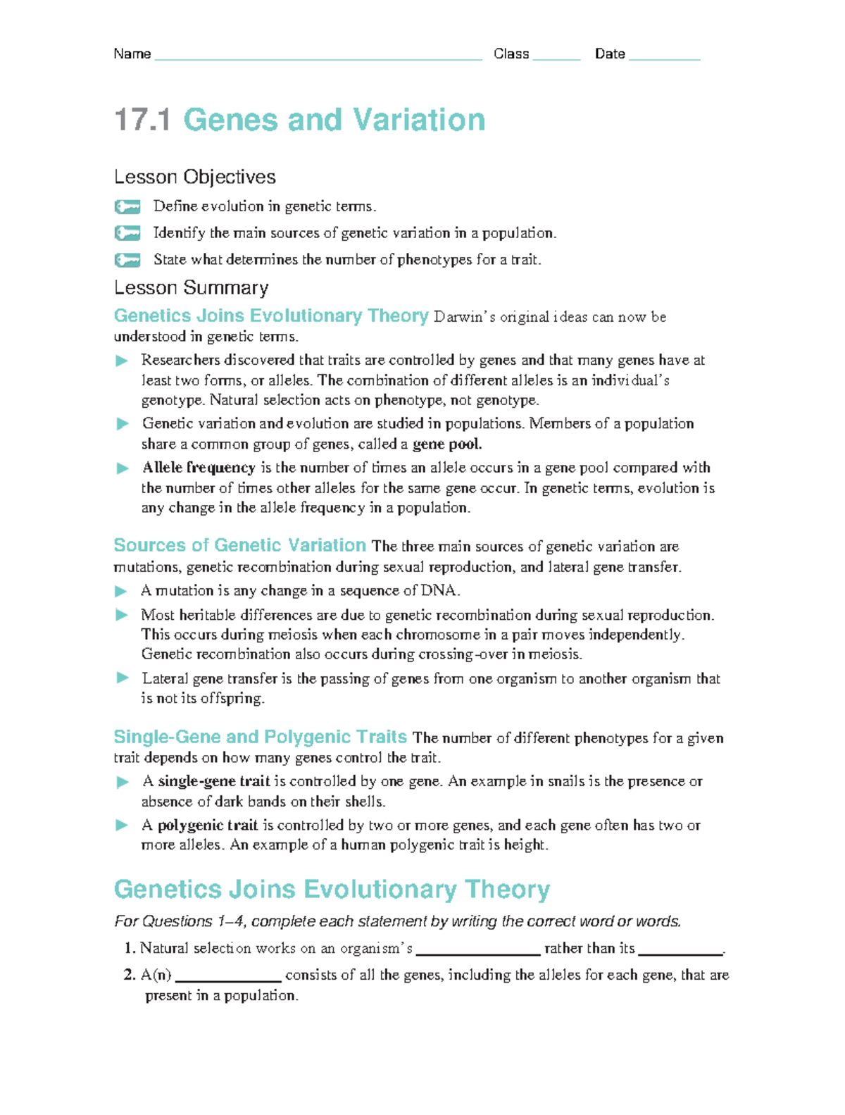 Ch - lol - 17 Genes and Variation Lesson Objectives Define evolution in ...