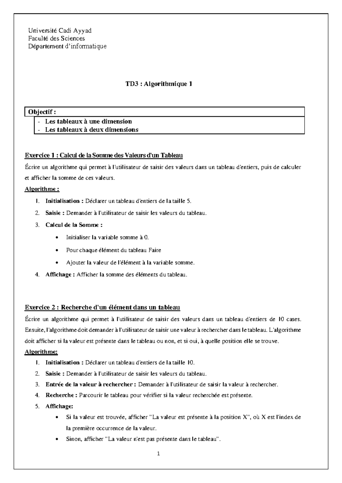 TD 3 algo - td algo s2 - 1 Université Cadi Ayyad Faculté des Sciences Département d’informatique ...