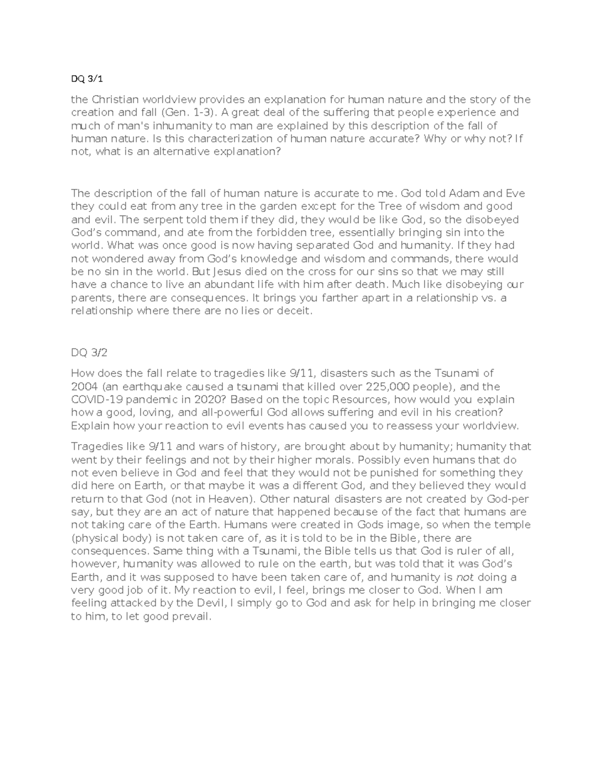 CWV Week 3 Discussion Questions - DQ 3/ the Christian worldview ...