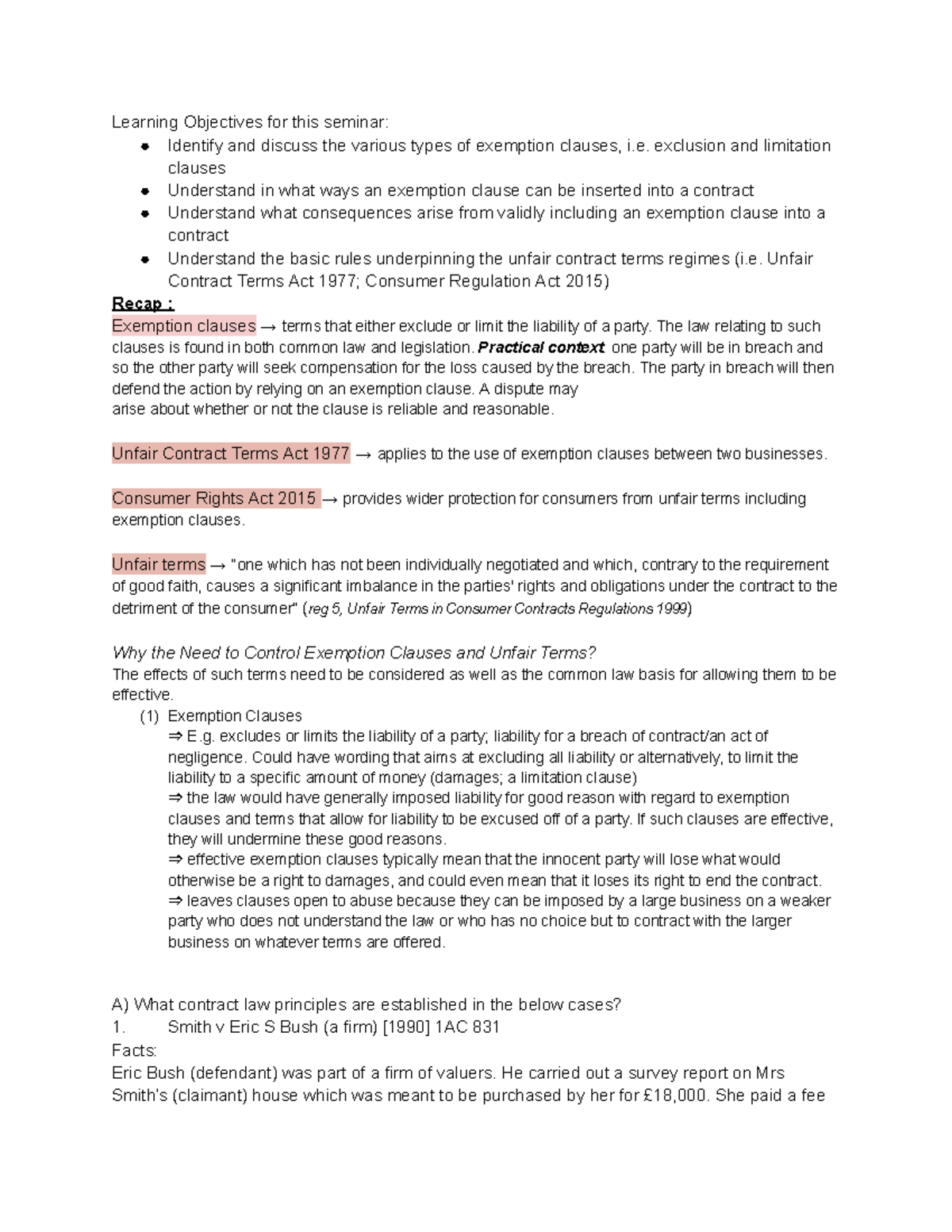 Contract seminar 5 - Learning Objectives for this seminar: Identify and ...