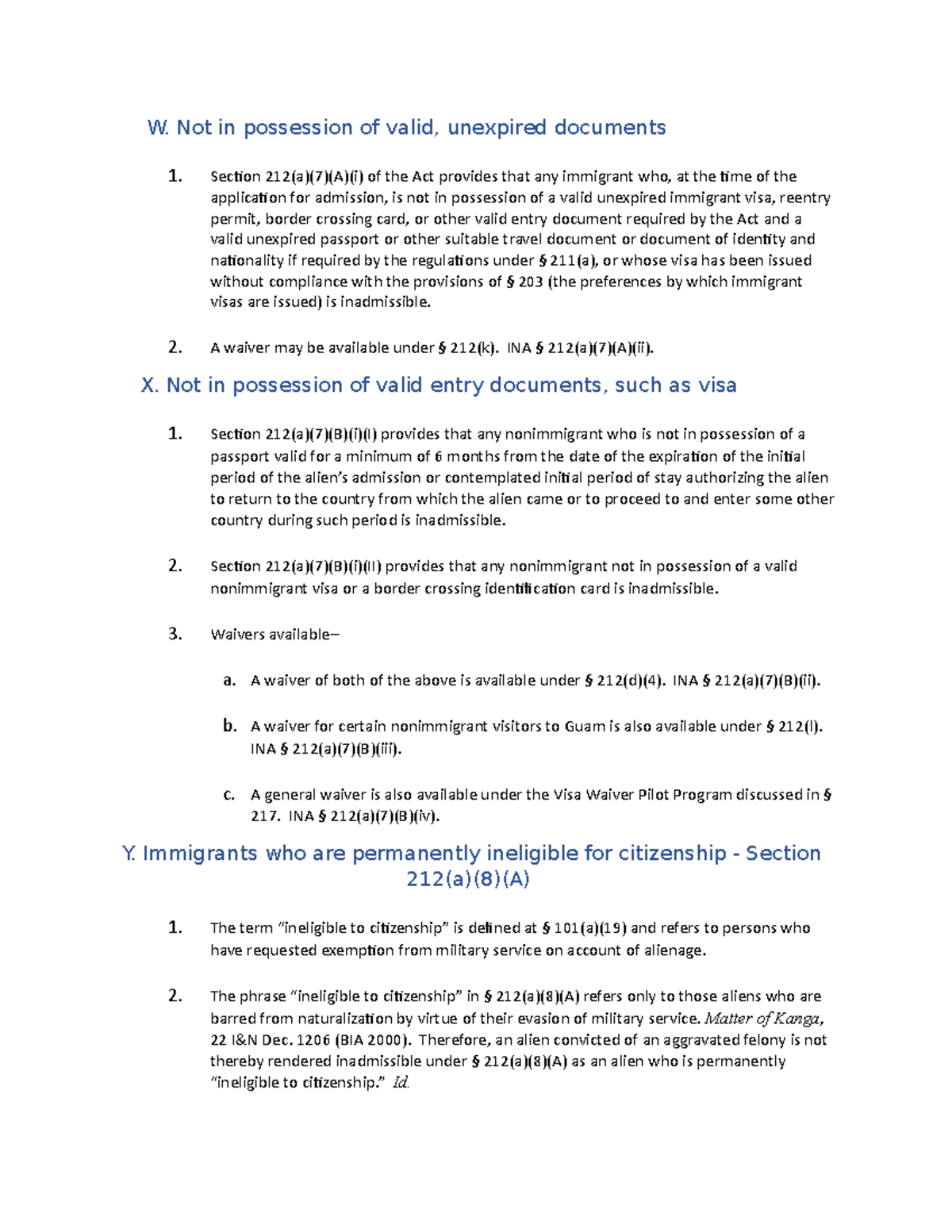 Immigration law m7 - W. Not in possession of valid, unexpired documents ...
