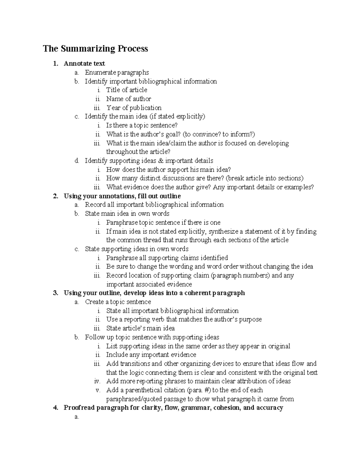 Summary Assignment Guide & Outline - The Summarizing Process Annotate text a. Enumerate ...