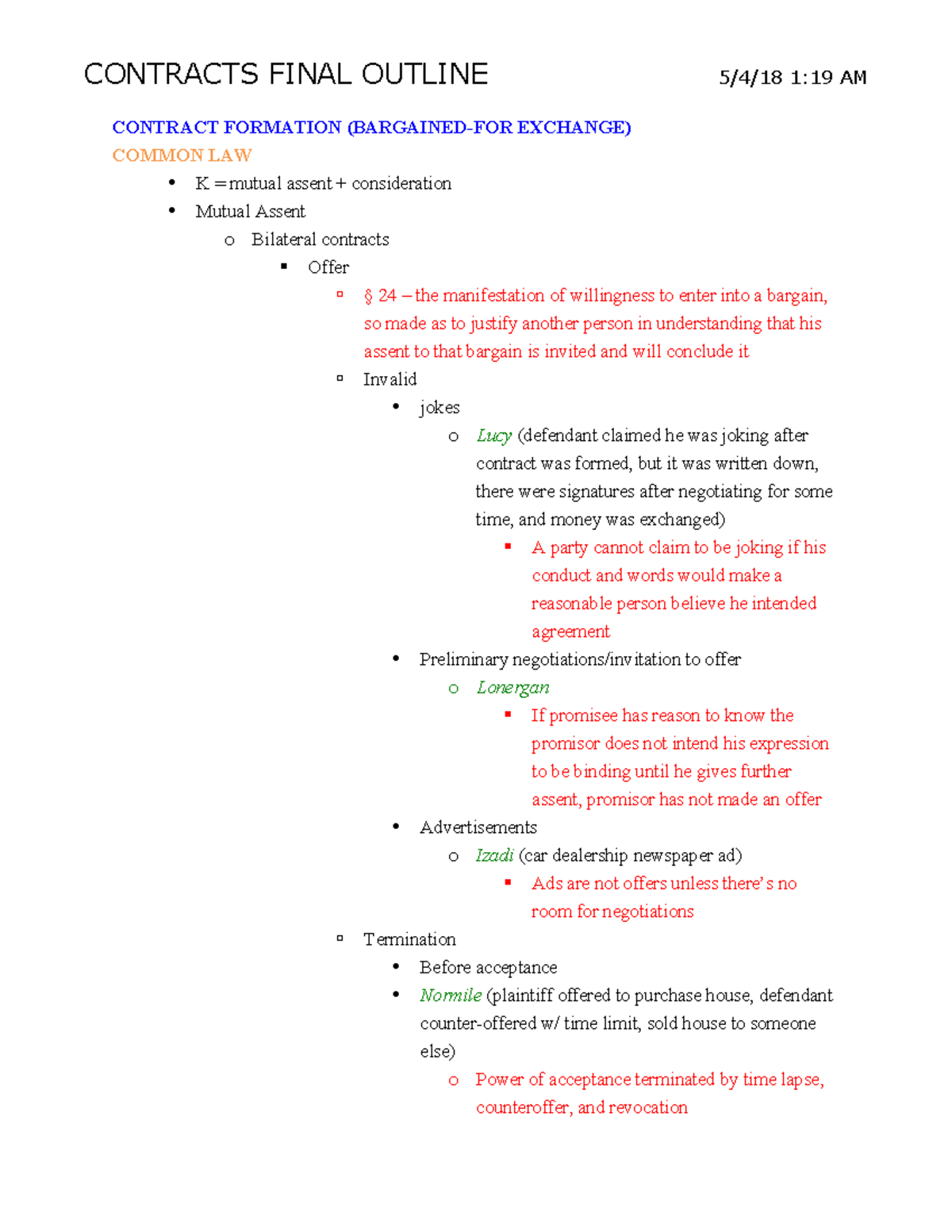 Contracts Final Outline - CONTRACTS FINAL OUTLINE 5/4/18 1:19 AM ...