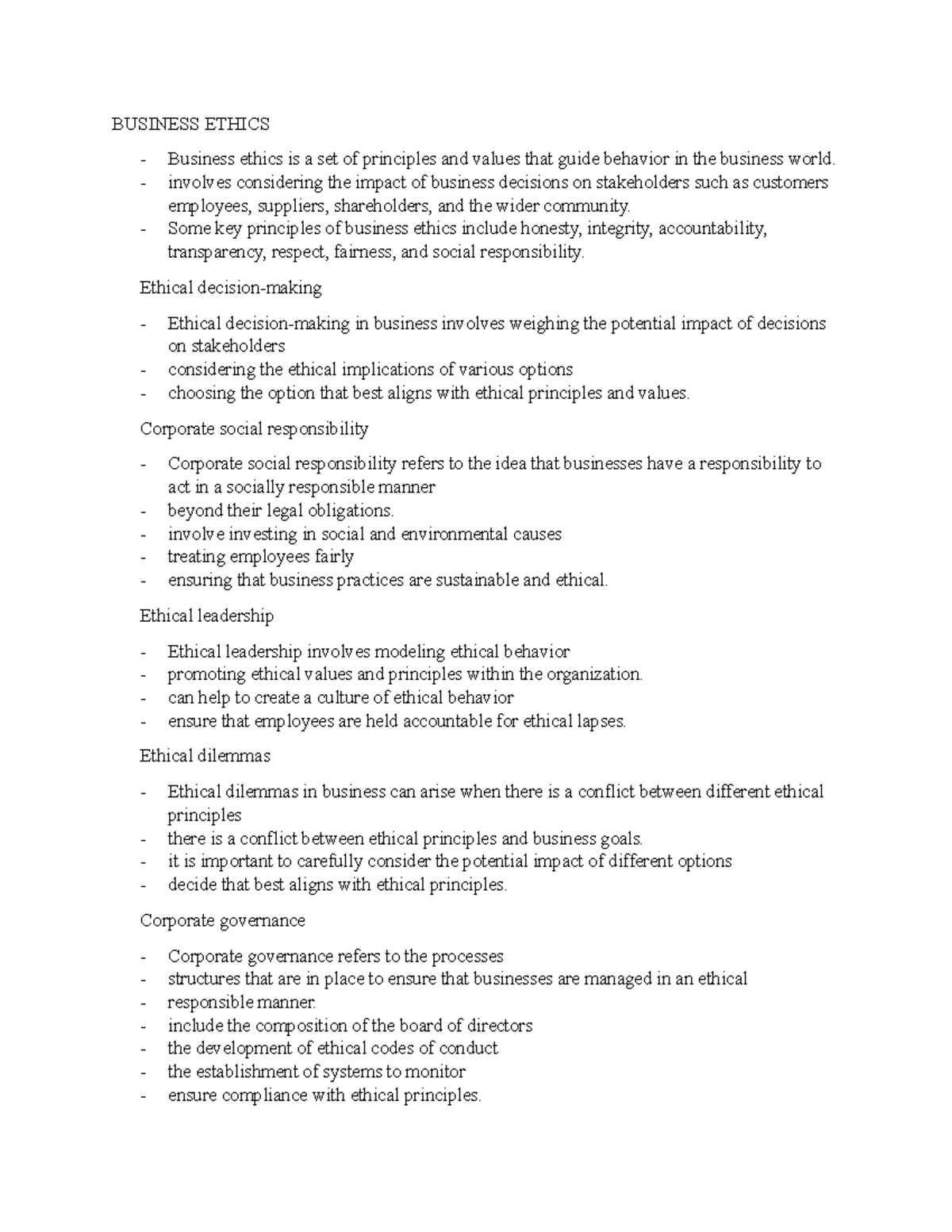 Business Ethics Notes 1 - BUSINESS ETHICS Business ethics is a set of ...