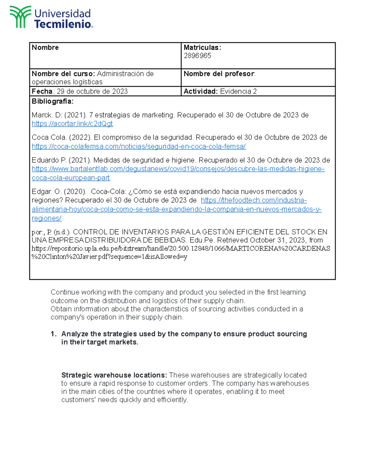 Evidencia 2 administracion de operaciones - Nombre Matriculas: 2896965 Nombre del curso: - Studocu
