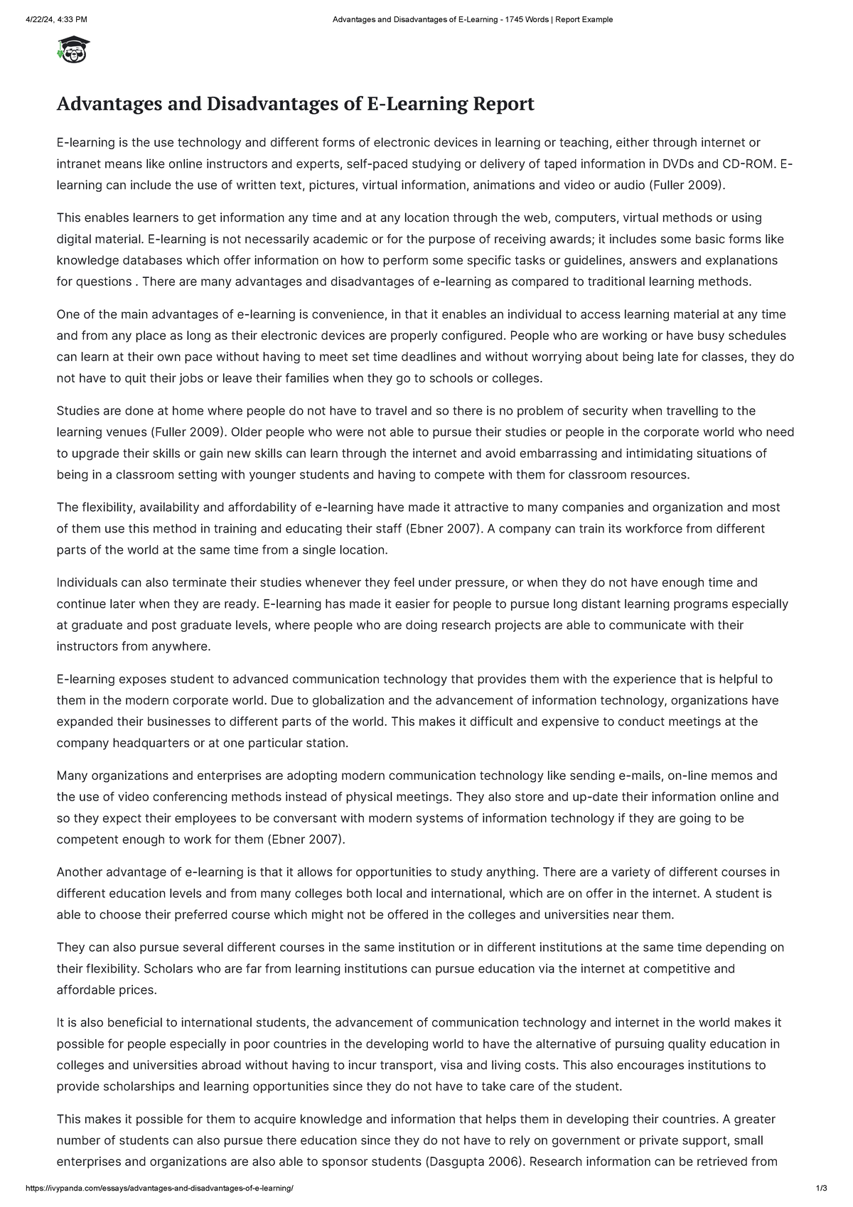 Advantages and Disadvantages of E-Learning - 1745 Words Report Example ...
