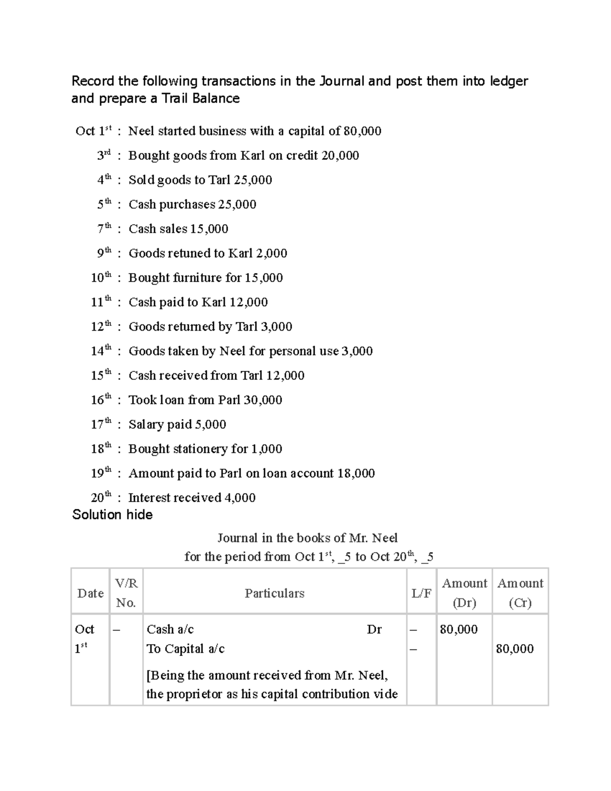 Trail - Accounting Questions - Record the following transactions in the ...
