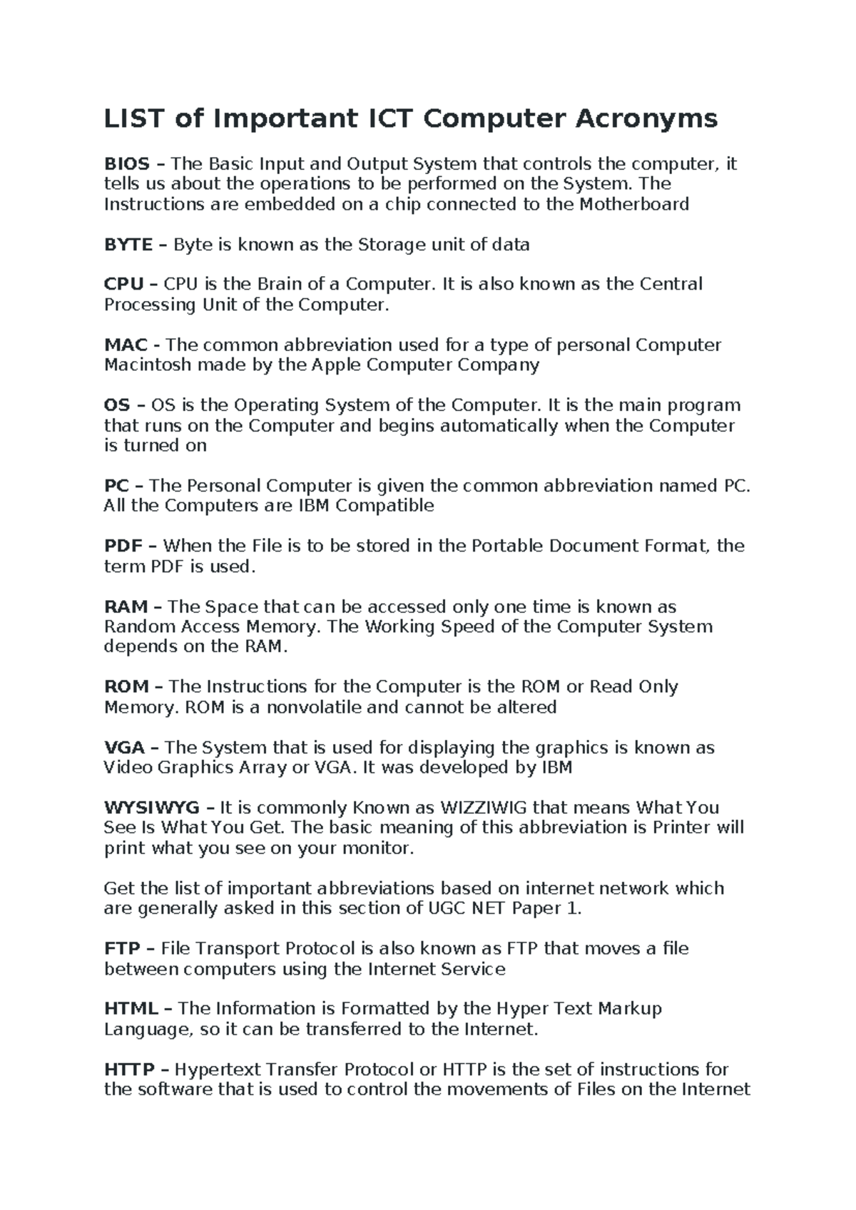 Acronyms of ICT - LIST of Important ICT Computer Acronyms BIOS – The ...