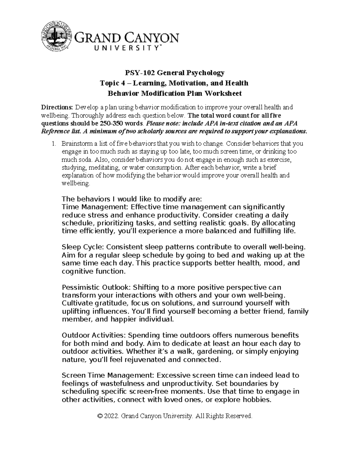 PSY 102 RS T4 Behavior Modification Plan 1 - PSY-102 General Psychology ...