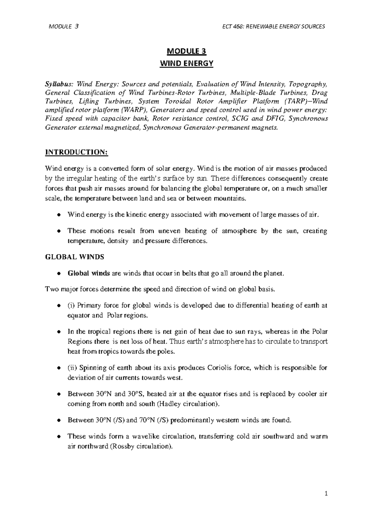 ECT 468 Module 3 - MODULE 3 WIND ENERGY Syllabus: Wind Energy: Sources ...