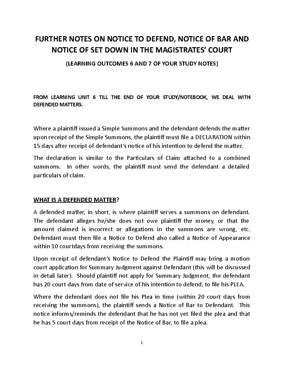 Further Notes ON Notice TO Defend, BAR, SET DOWN, Summary Judgment ...