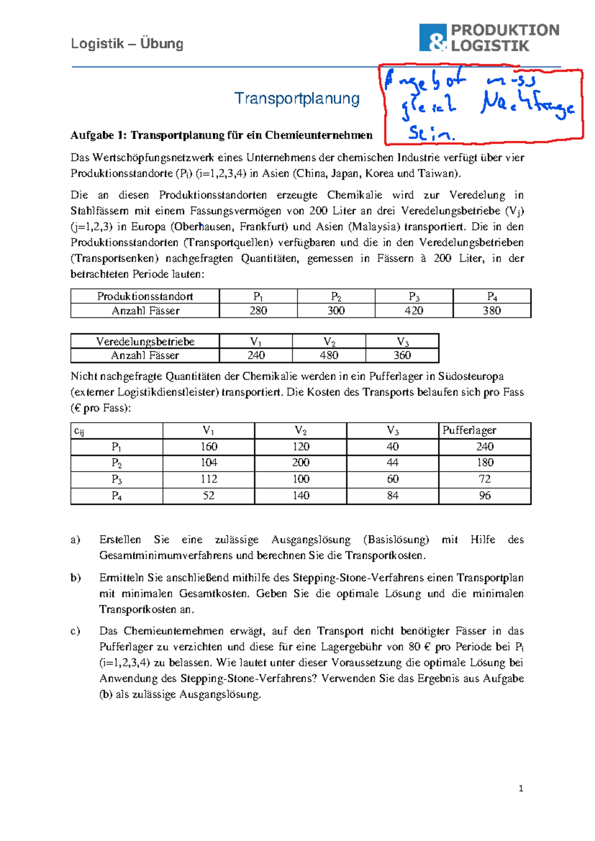 Log Ü4 Transportplanung - Logistik – Übung 1 Transportplanung Aufgabe 1 ...