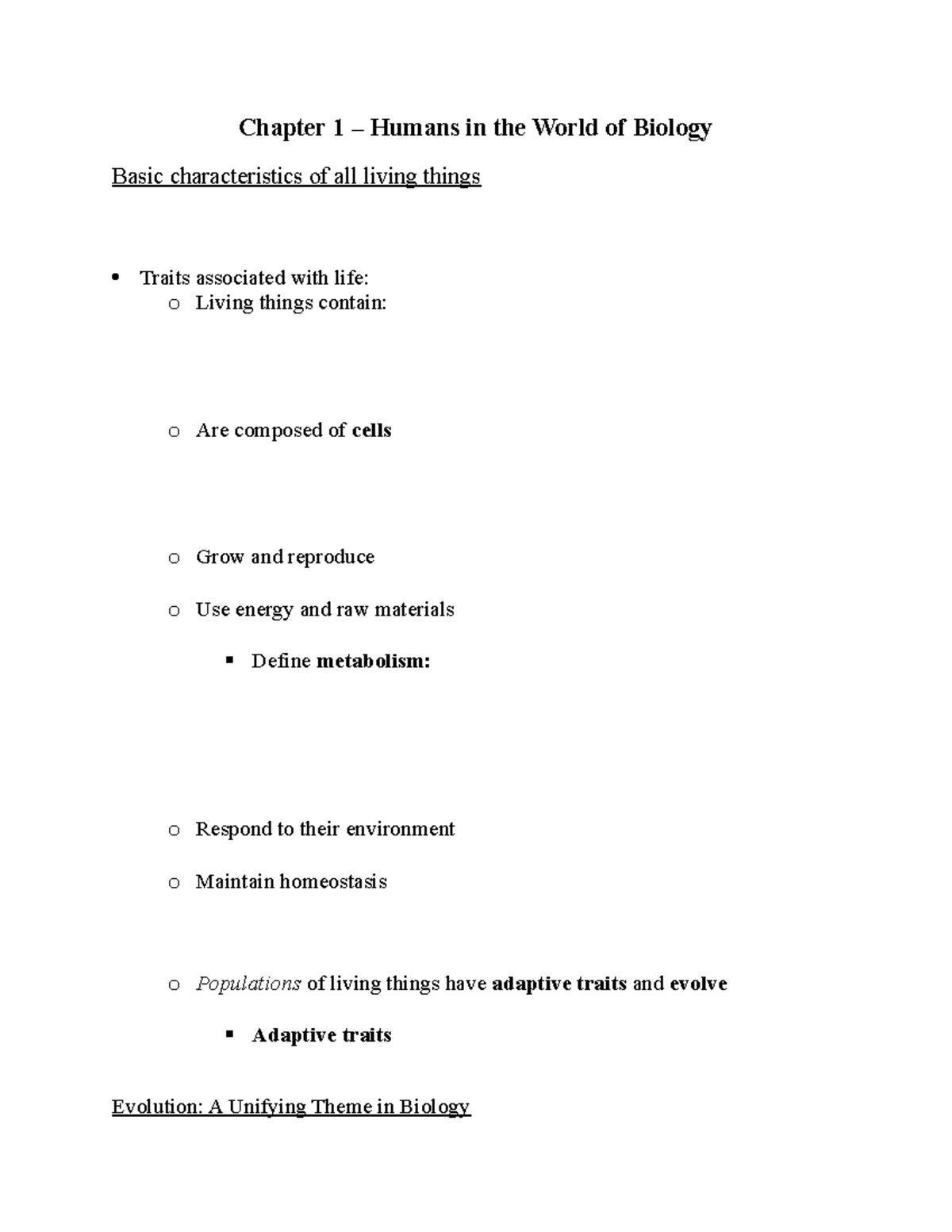 Unit 1 Objectives Manual 0 - Chapter 1 – Humans in the World of Biology ...