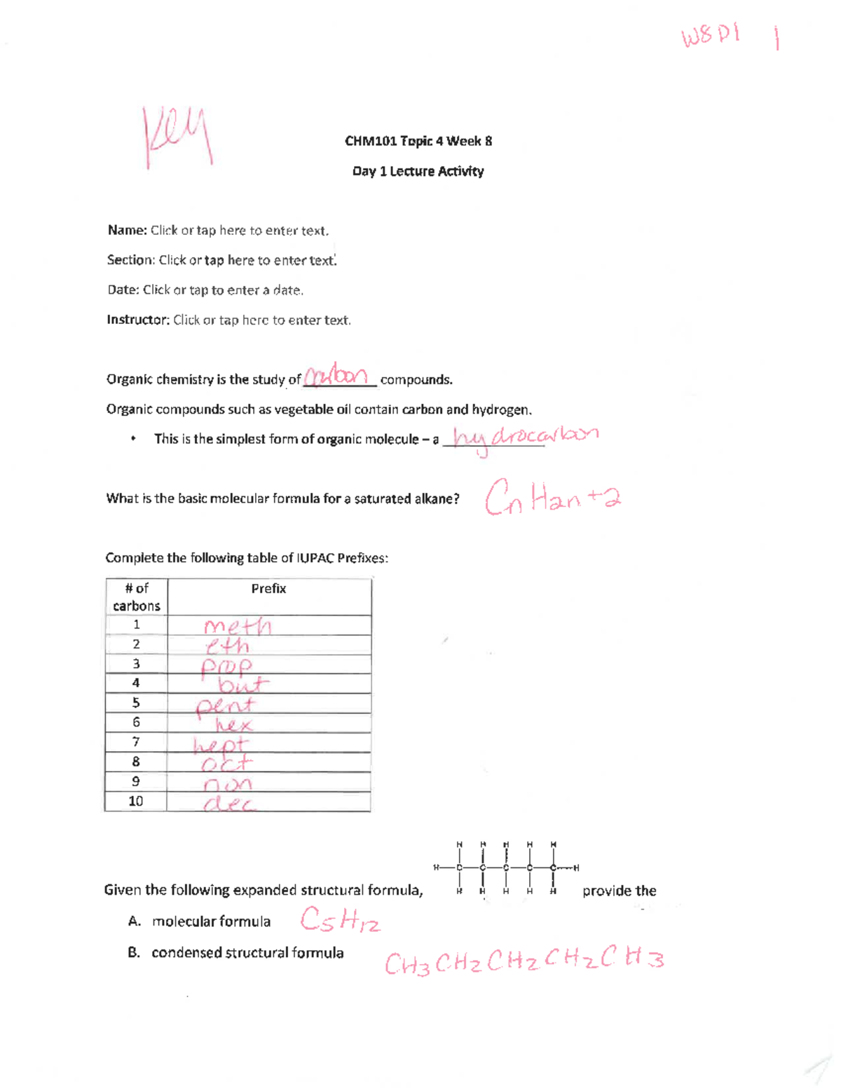 CHM101 Topic 4 Week 8 Worksheet Answer Key (Day 1) - W8DI I key CHM101 ...
