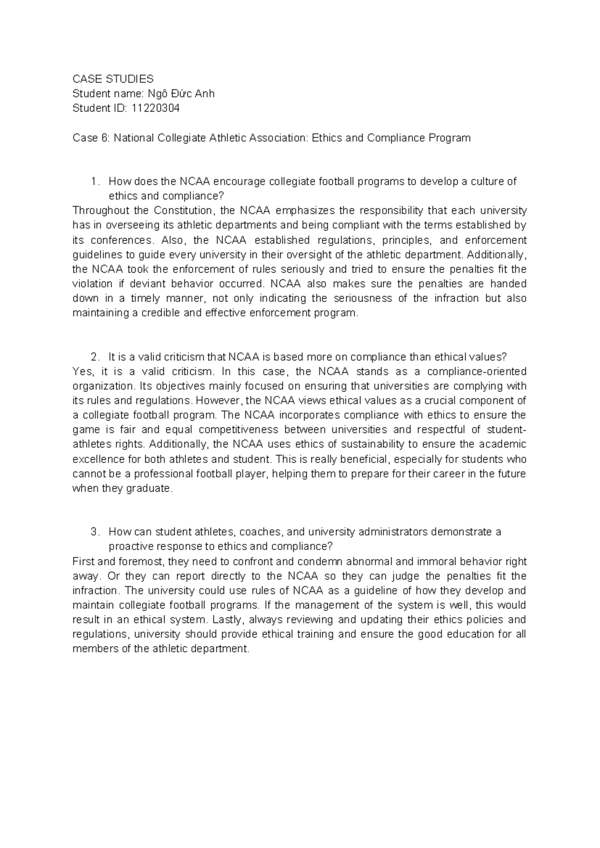 Business Ethics - CASE STUDIES Student name: Ngô Đức Anh Student ID ...