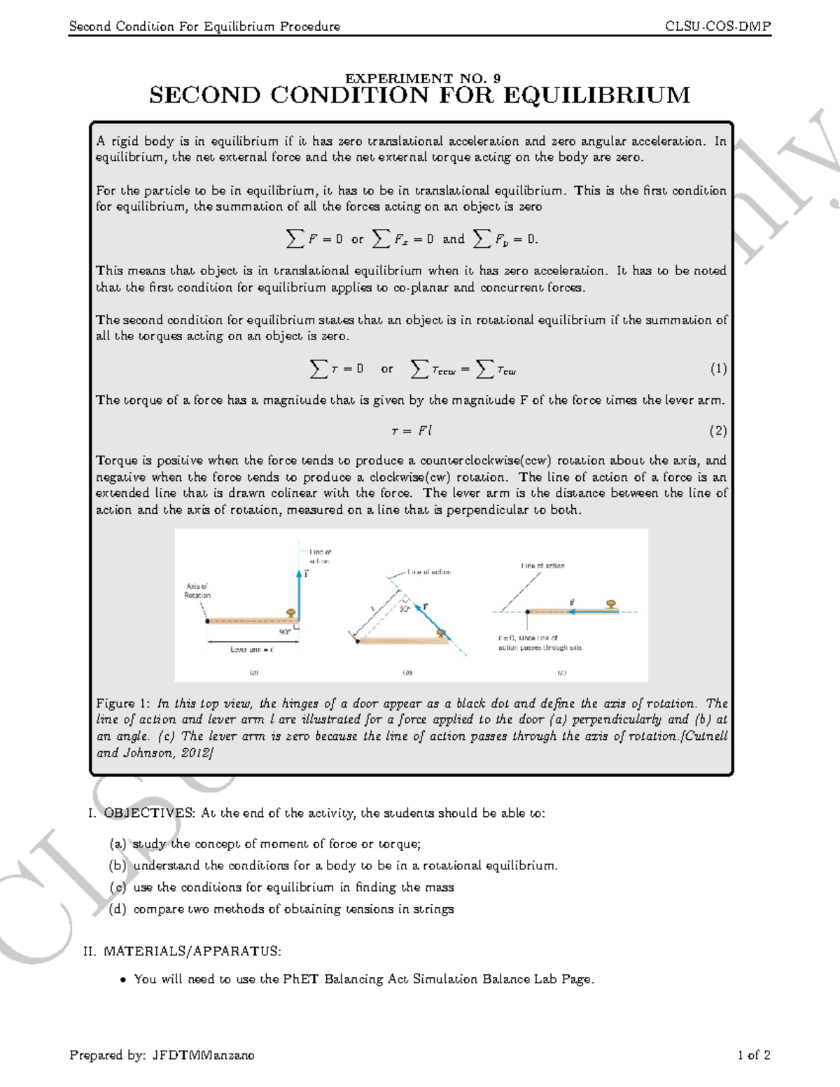 2nd condition for equilibrium - CLSU DMP Use only Second Condition For Equilibrium Procedure ...