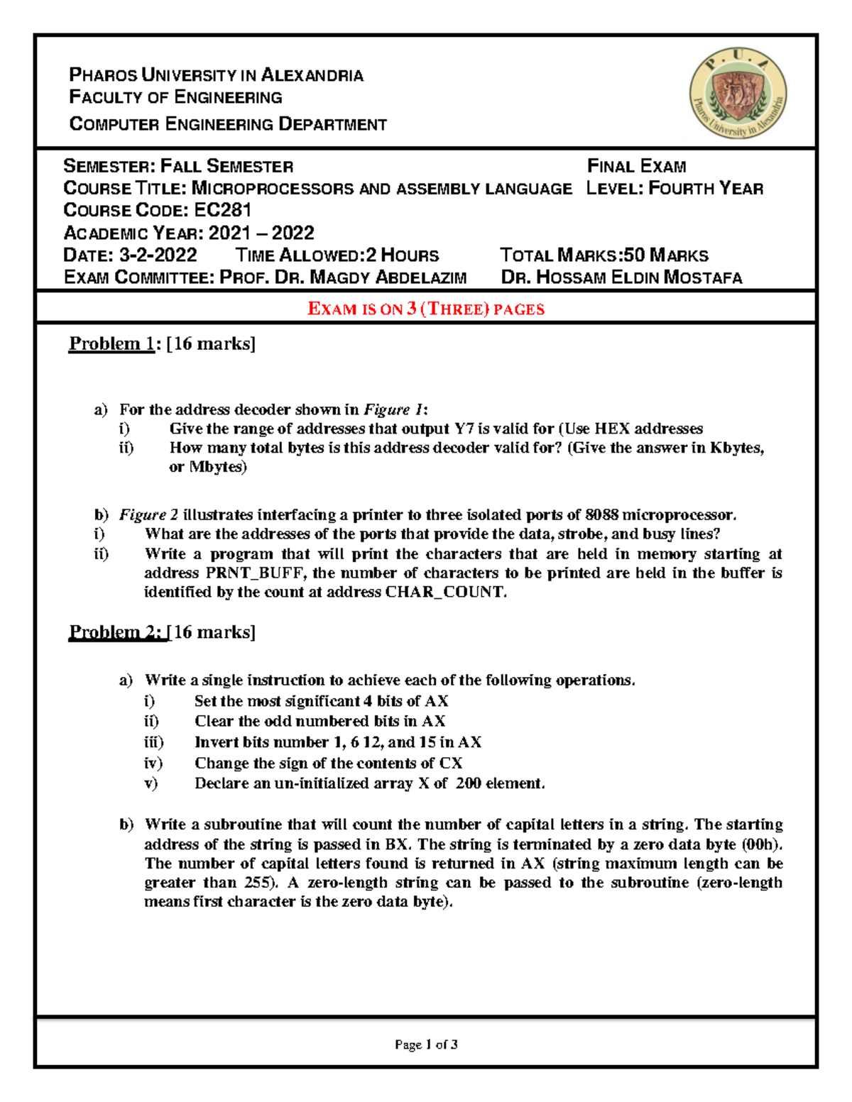 Microprocessors And Assembly Language Ec 281 Final Exam Page 1 Of 3 Pharos University In 