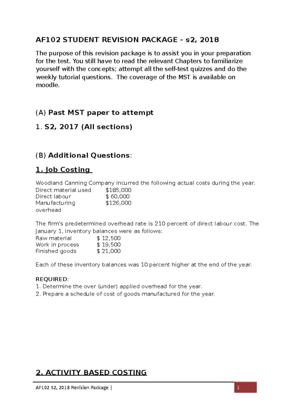 Exam, questions and answers - AF102 STUDENT REVISION PACKAGE – s2, 2018 ...