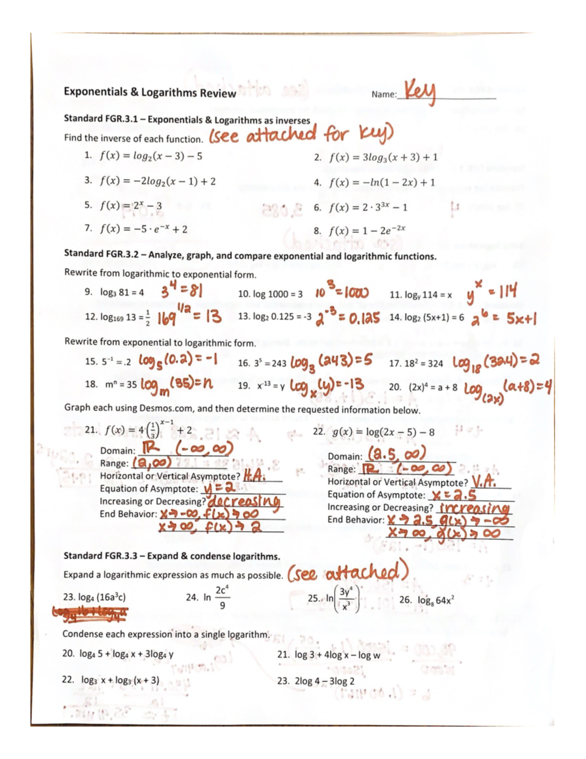 H G Exponentials & Logarithms Review Key - Exponentials Logarithms ...