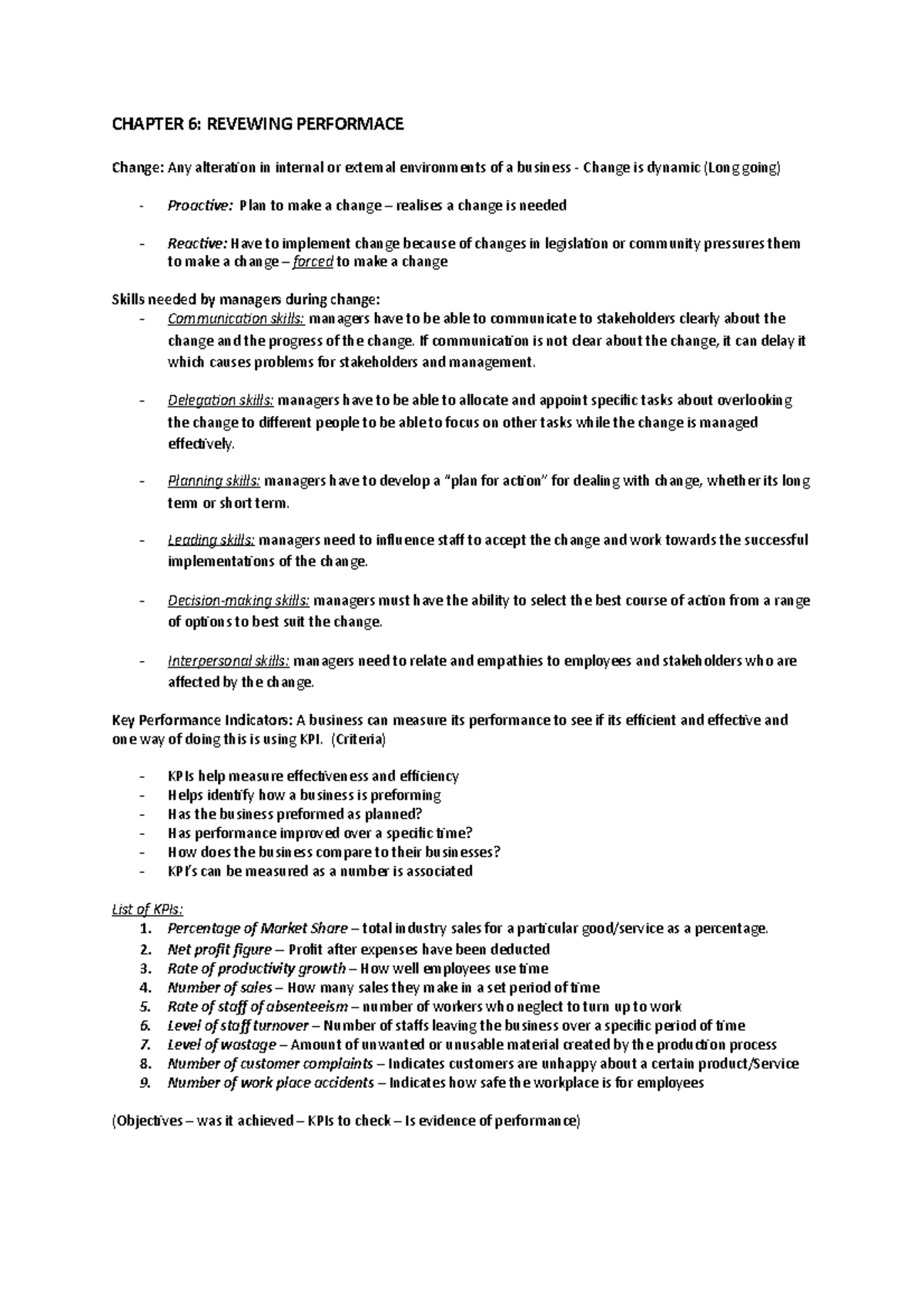 Chapter 6 - business - CHAPTER 6: REVEWING PERFORMACE Change: Any ...