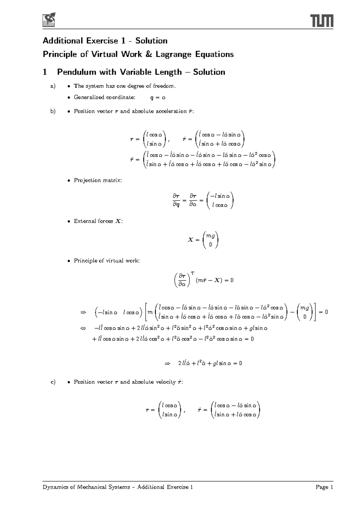 DMS Additional Exercise Virtual Work and Lagrange Solution - Additional Exercise 1 - Solution ...