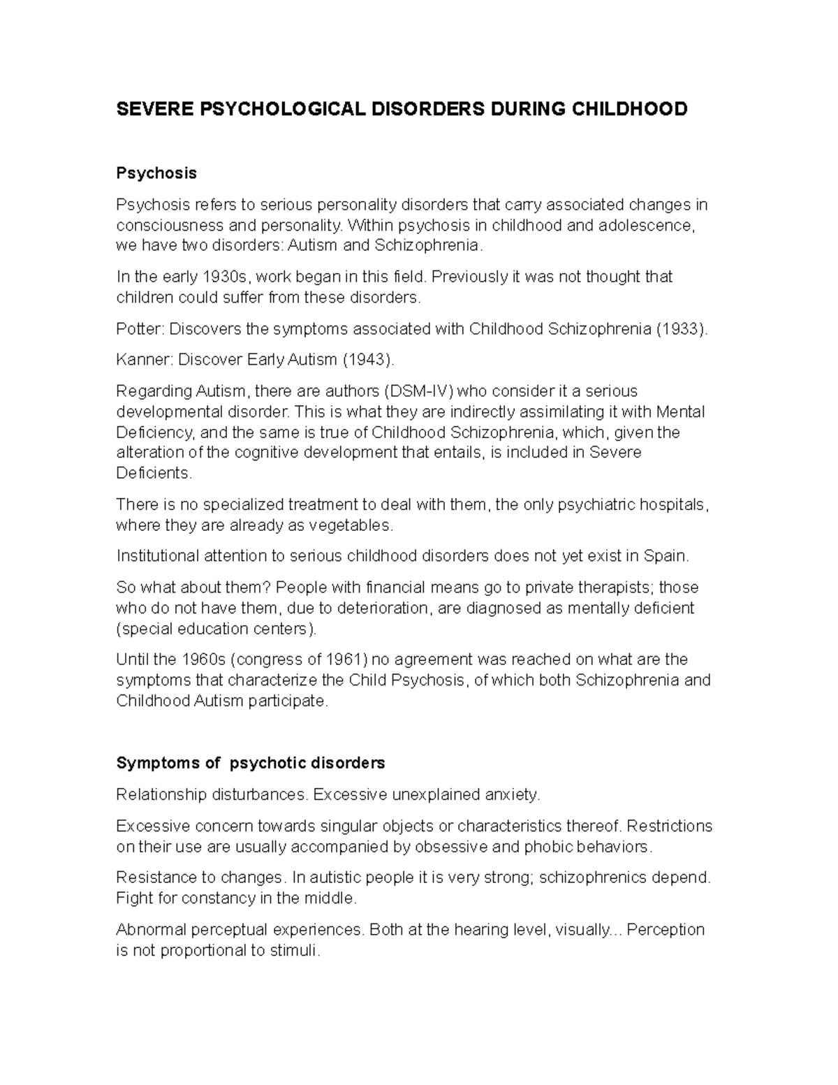 Severe psychological disorders during childhood - SEVERE PSYCHOLOGICAL ...