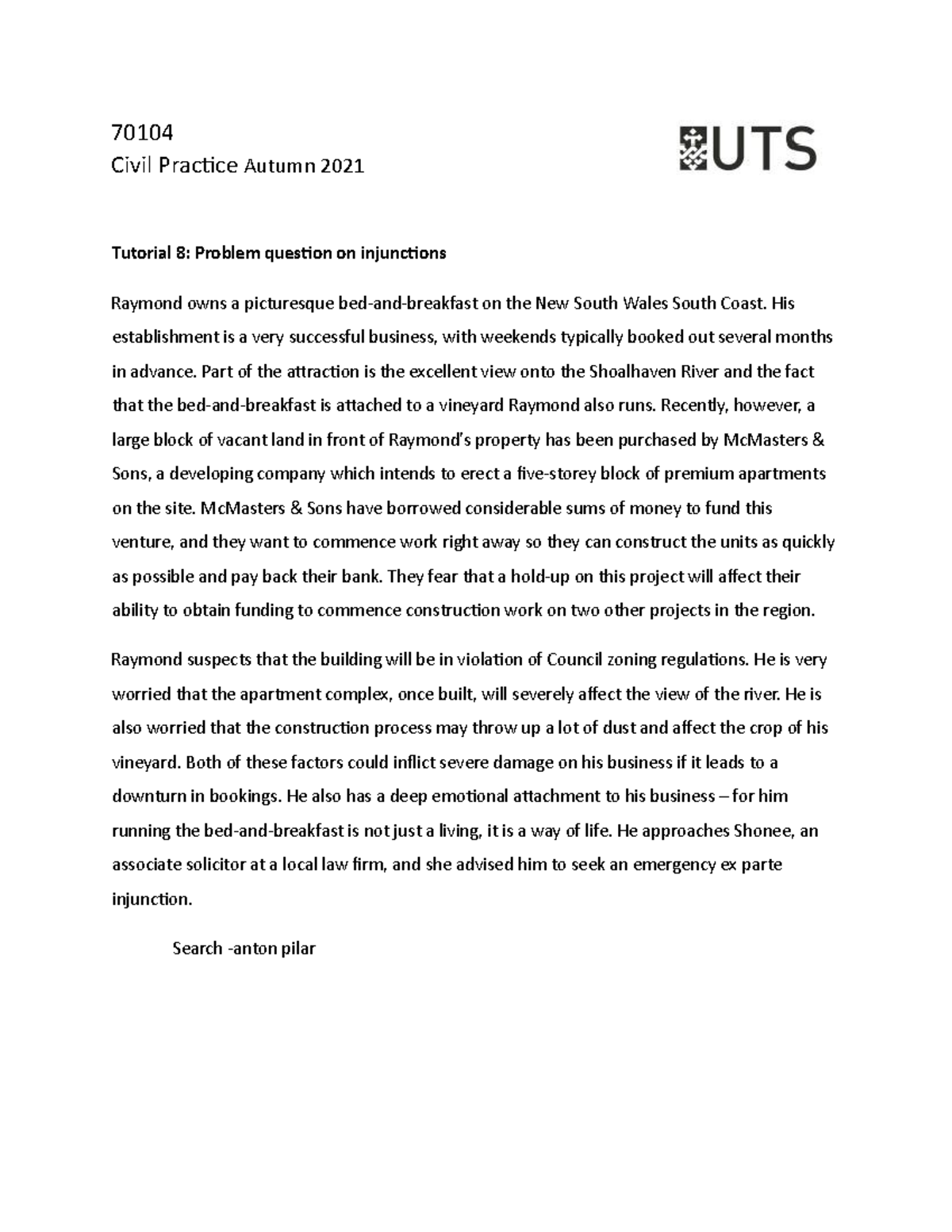 Tutorial 8 Injunctions problem scenario answers - 70104 Civil Practice Autumn 2021 Tutorial 8 ...