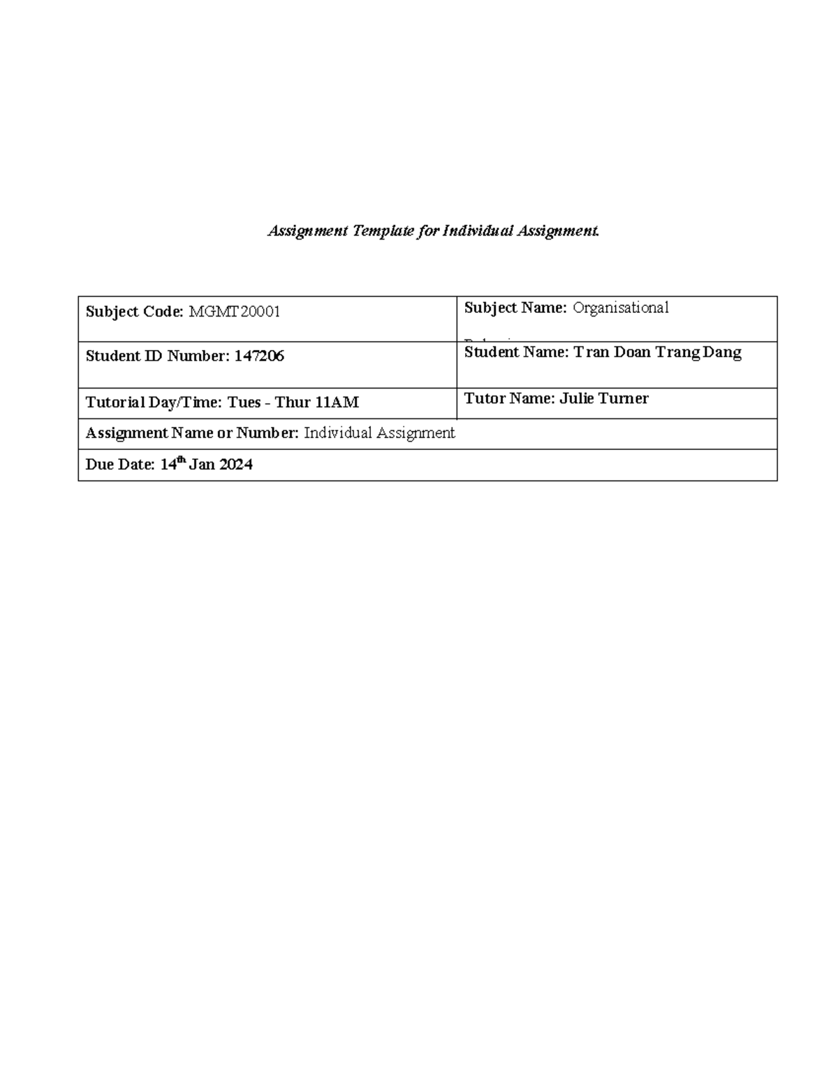 Assignment 1 Summer - Assignment Template for Individual Assignment. Subject Code: MGMT20001 ...