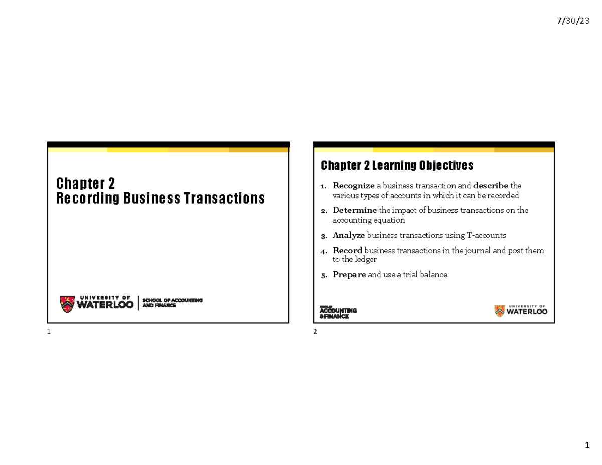 AFM 101 – Chapter 2 - Chapter 2 Recording Business Transactions 1 Chapter 2 Learning Objectives ...