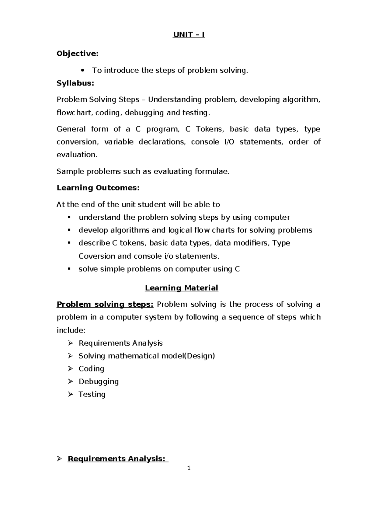 Psuc Unit 1 C Programming Material Unit I Objective To Introduce The Steps Of Problem