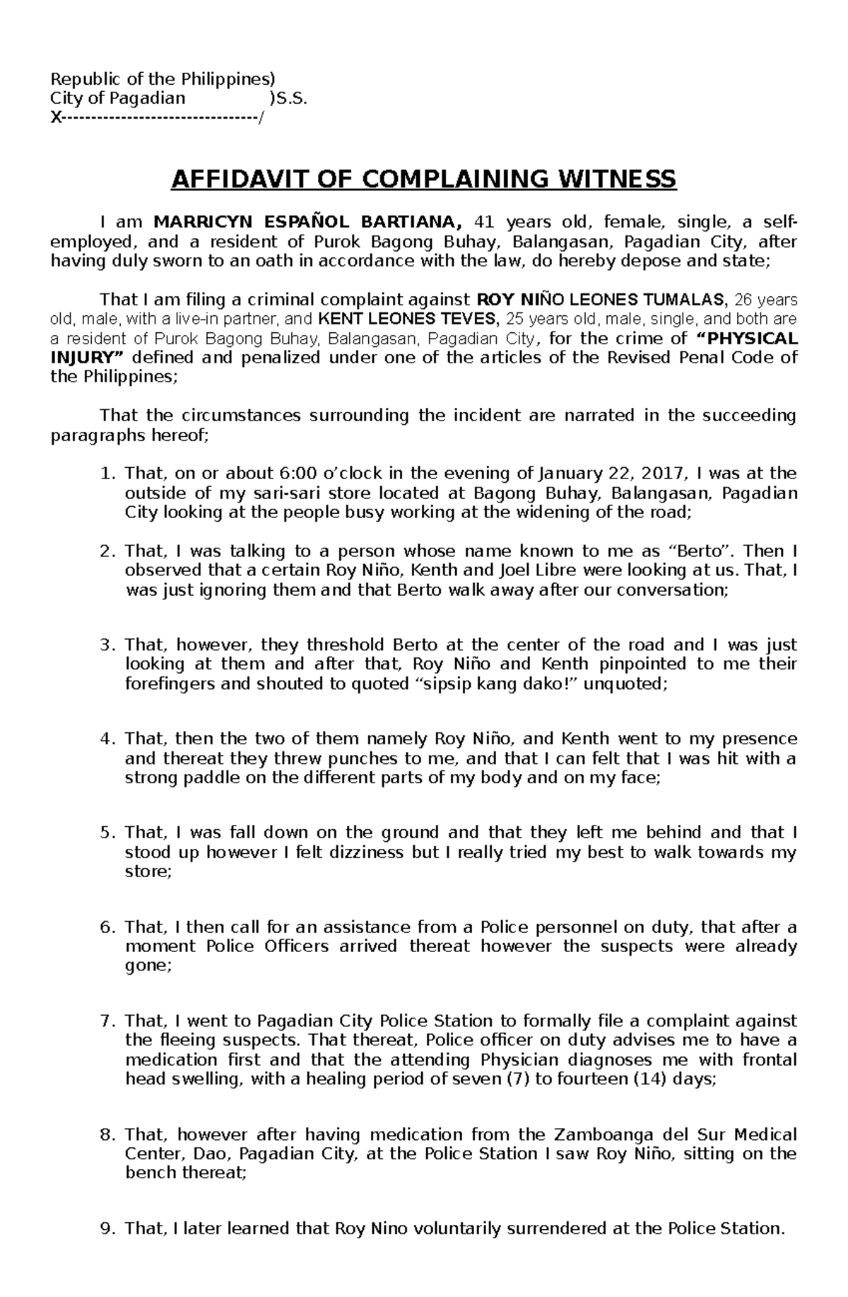 Affidavit of Complaining Witness 2 - Republic of the Philippines) City ...