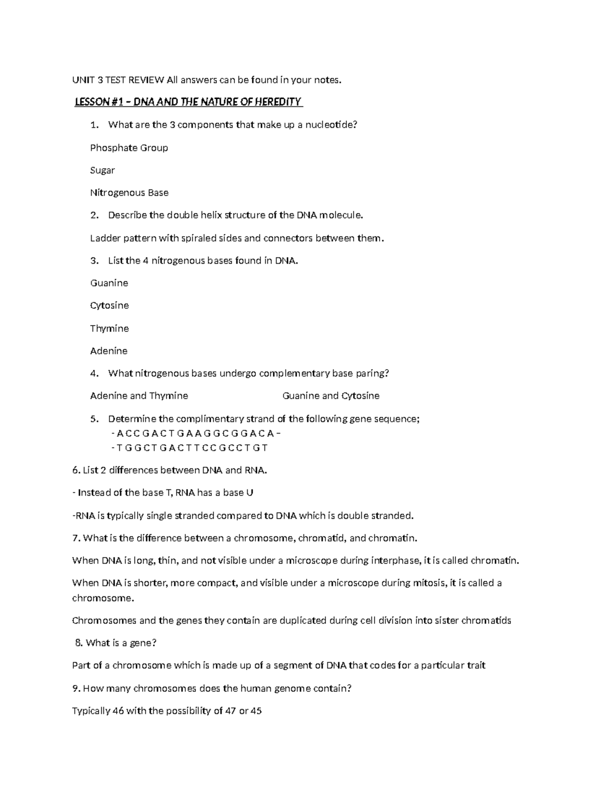 Unit 1 Bio Review - Bio Notes - UNIT 3 TEST REVIEW All answers can be ...