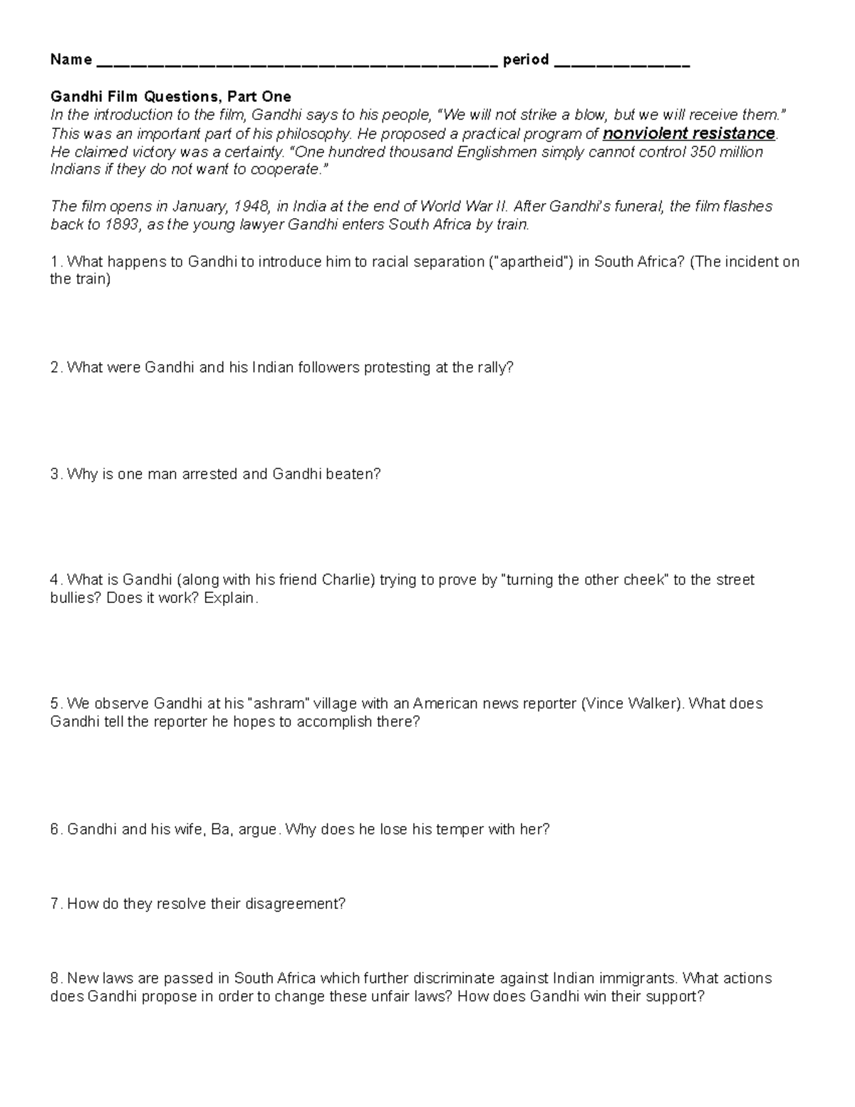 Gandhi Film Questions - Name ...