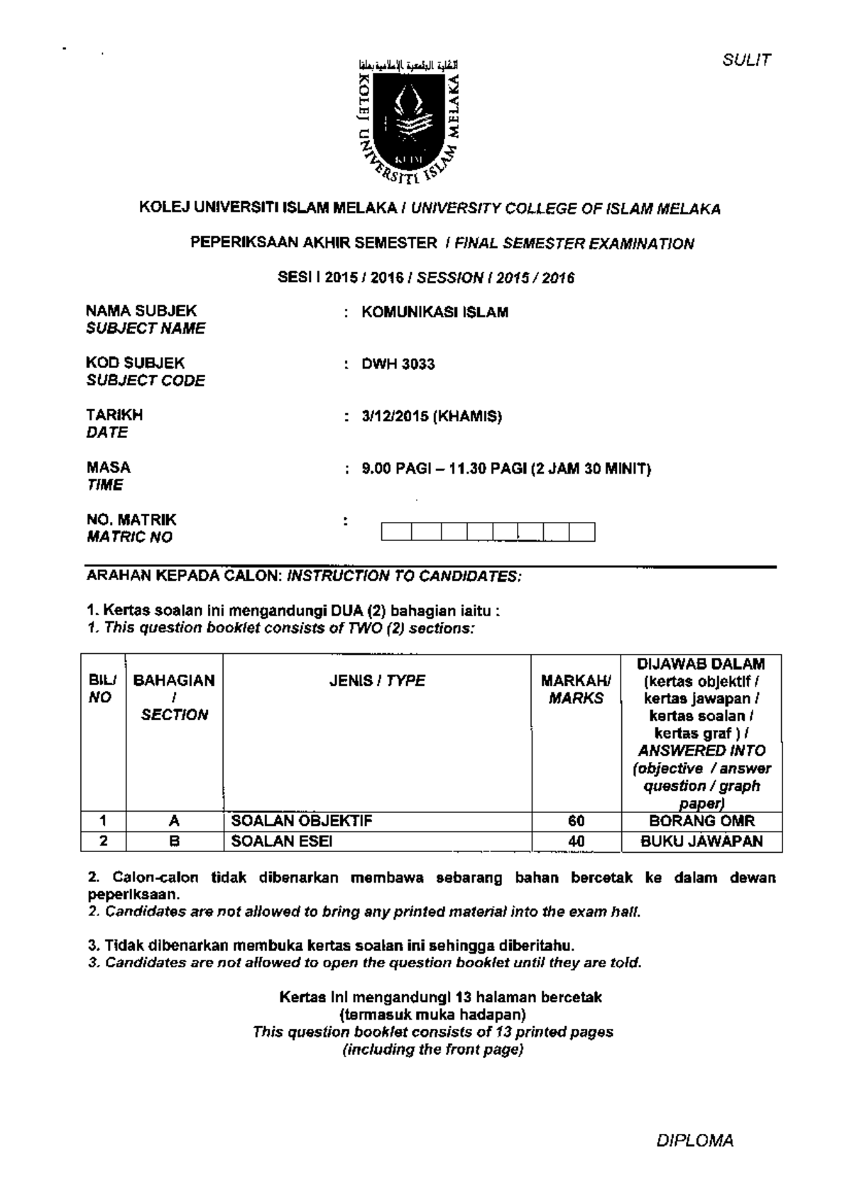 DWH 3033 - SOALAN CONTOH 5 - Vilay gaat ipealyll lL! SULIT va () hd II ...