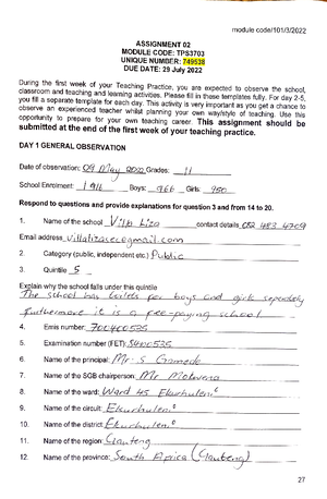 TPN3703 Portfolio - TPN TEACHING PRACTICE II BEd (Intermediate Phase ...