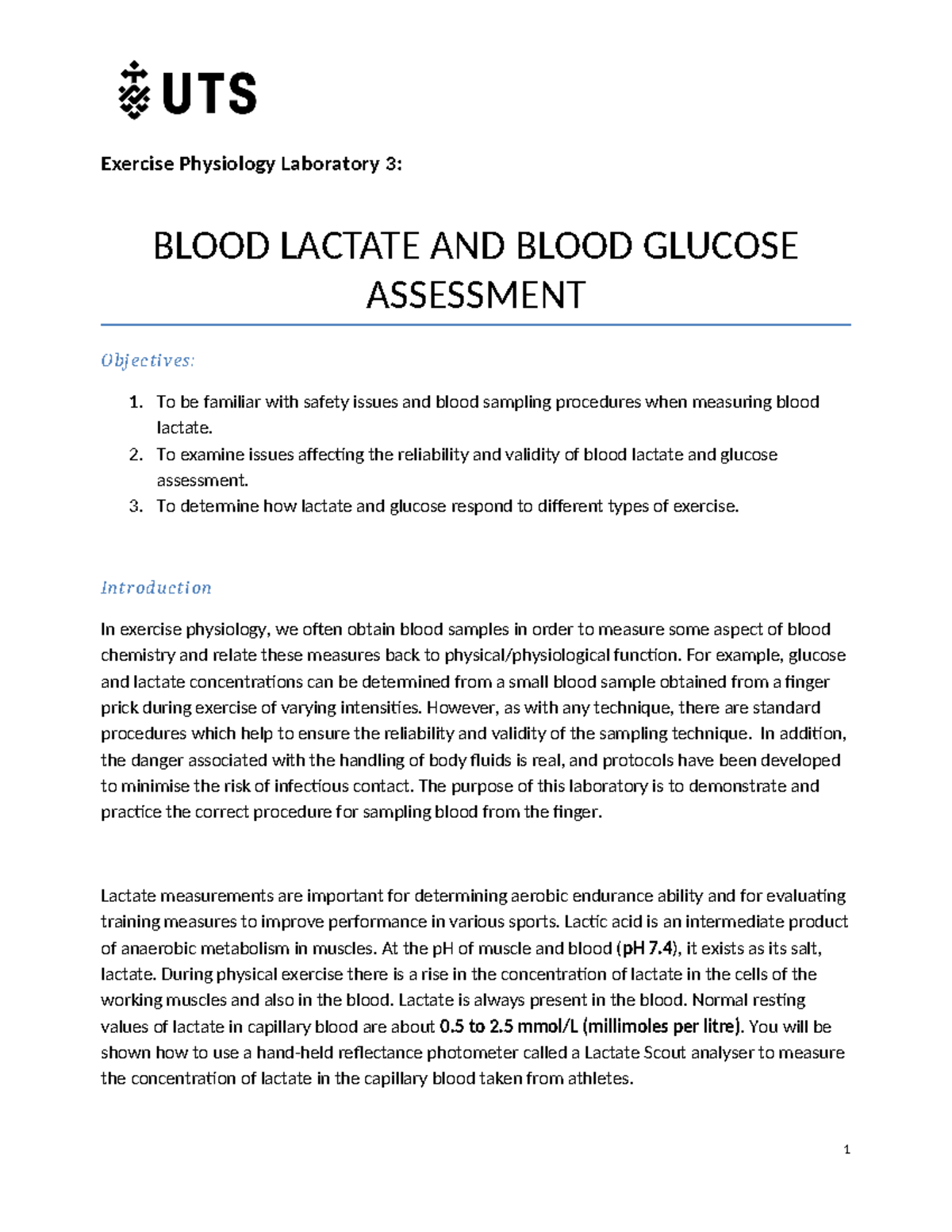 Lab 3 - Blood Lactate and Glucose Assessment - Exercise Physiology Laboratory 3: BLOOD LACTATE ...