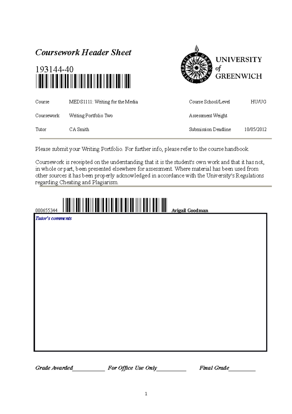 Writing Portfolio Two - Coursework Header Sheet 193144-40 Course ...