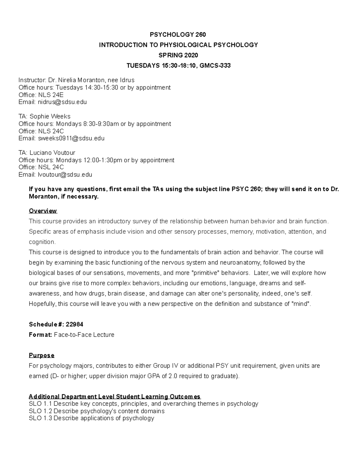 Psych 260 syllabus spring 2020 NM - PSYCHOLOGY 260 INTRODUCTION TO PHYSIOLOGICAL PSYCHOLOGY ...