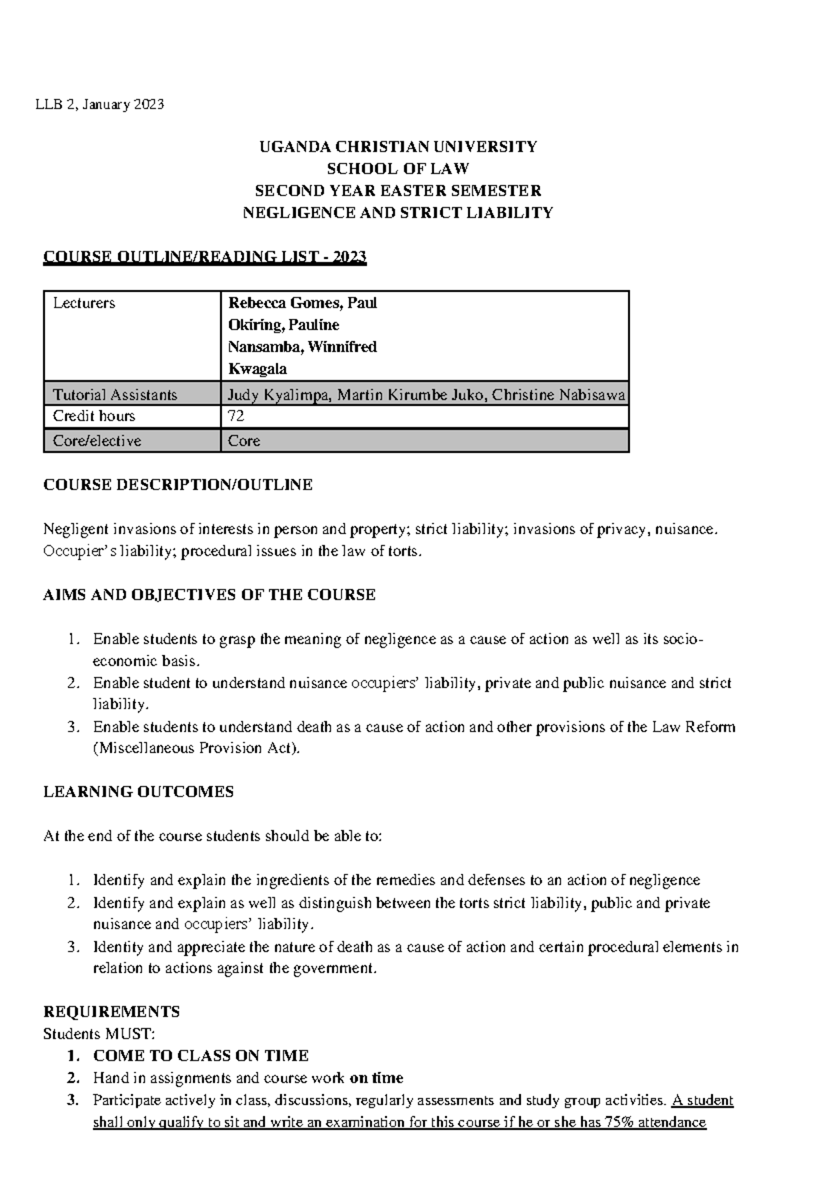 2023 Negligence and Strict liability Course outline 2023 - UGANDA ...