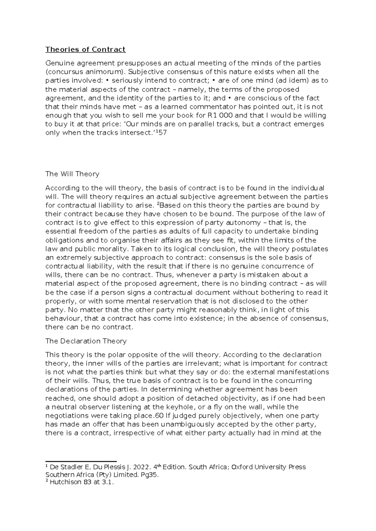 Theories of Contract - Theories of Contract Genuine agreement ...