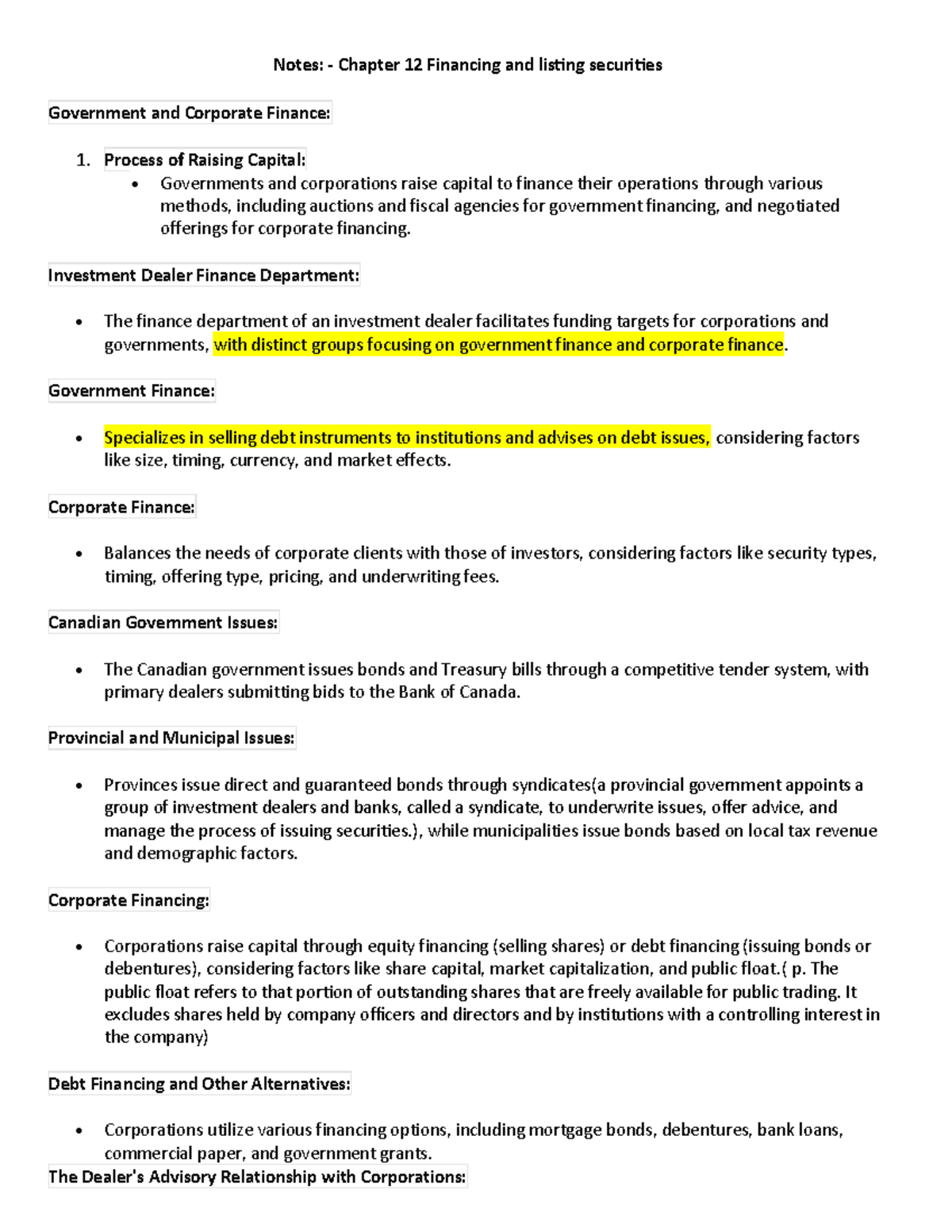 Ch 12 CSC notes - CSC - Notes: - Chapter 12 Financing and listing ...