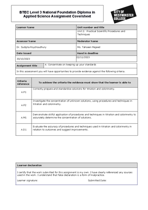 Unit 2 Assignment D - pass - Applied Science Assignment Coversheet ...