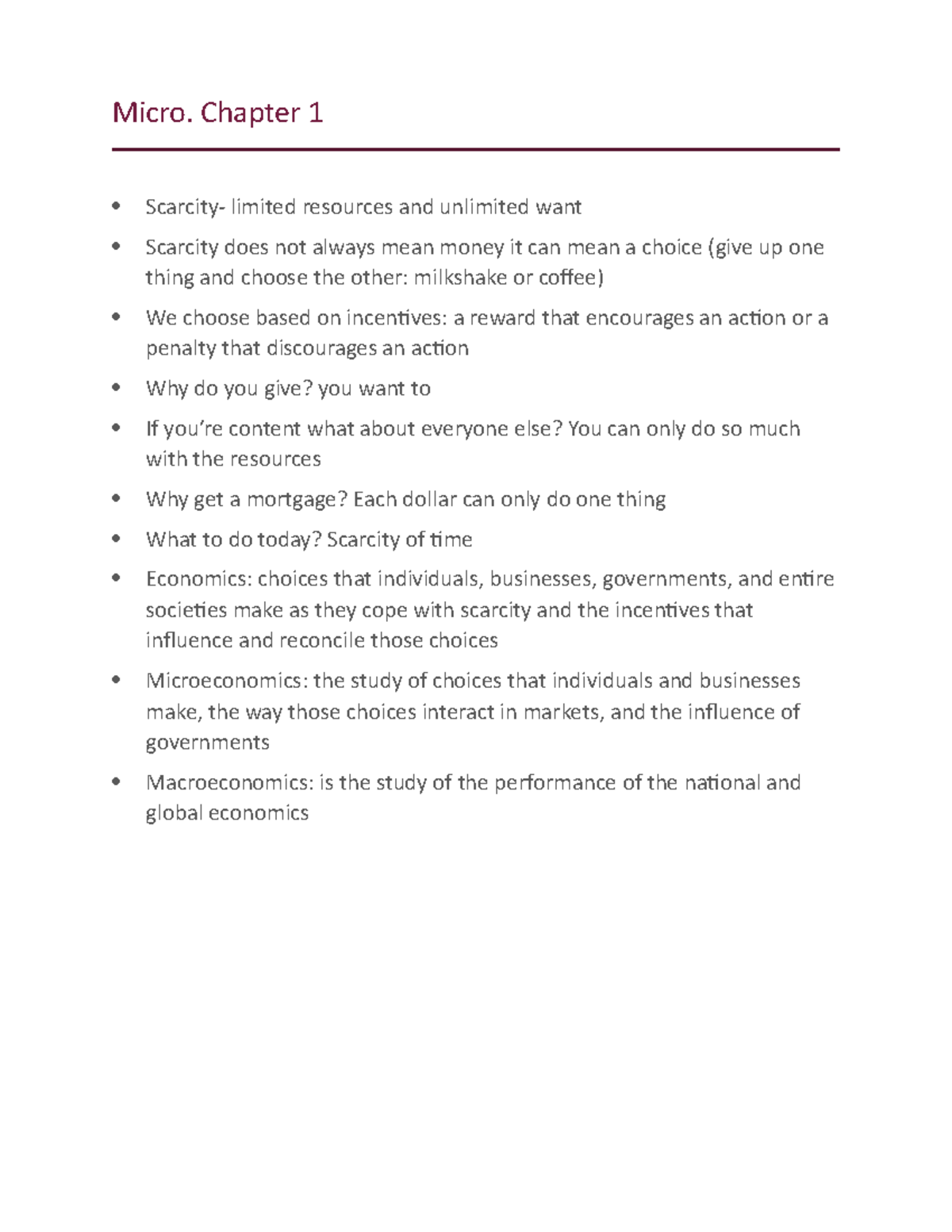 Micro Chapter 1 Notes - Micro. Chapter 1 Scarcity- limited resources ...