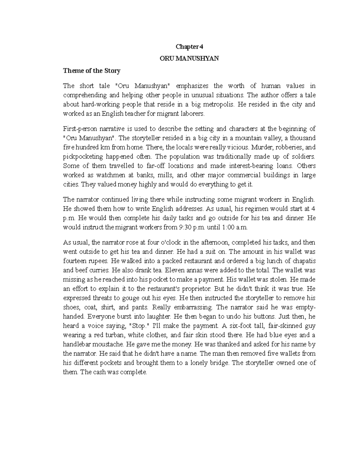 Oru manushyan - Summary english - Chapter 4 ORU MANUSHYAN Theme of the ...