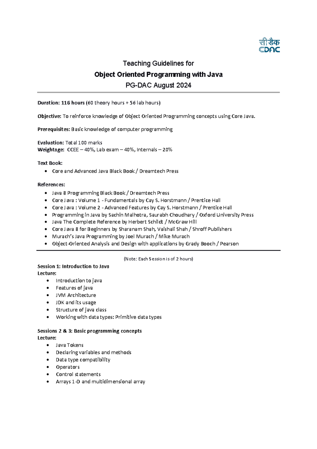 DAC School TG Object Oriented Programming with Java - Teaching Guidelines for Object Oriented ...