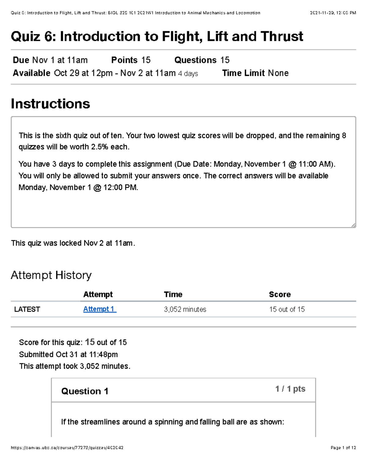 Quiz 6: Introduction to Flight, Lift and Thrust: BIOL 325 101 2021W1 ...