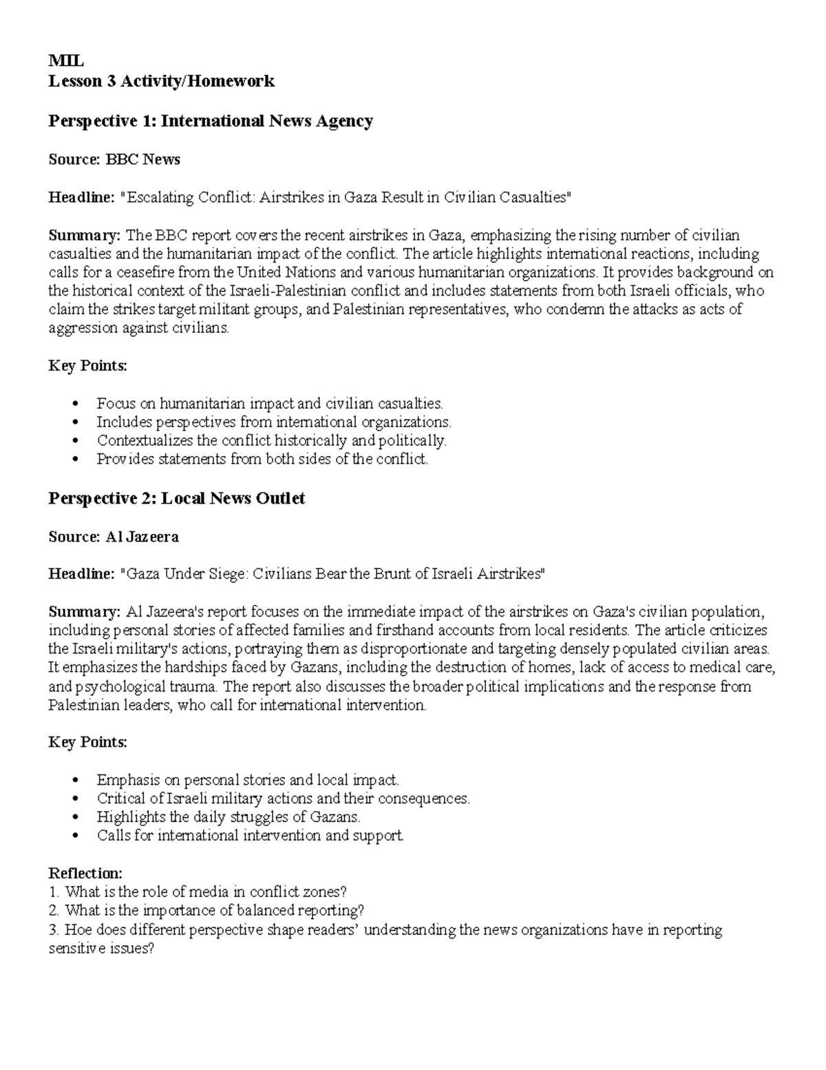 MIL assginment L3 - MIL Lesson 3 Activity/Homework Perspective 1: International News Agency ...