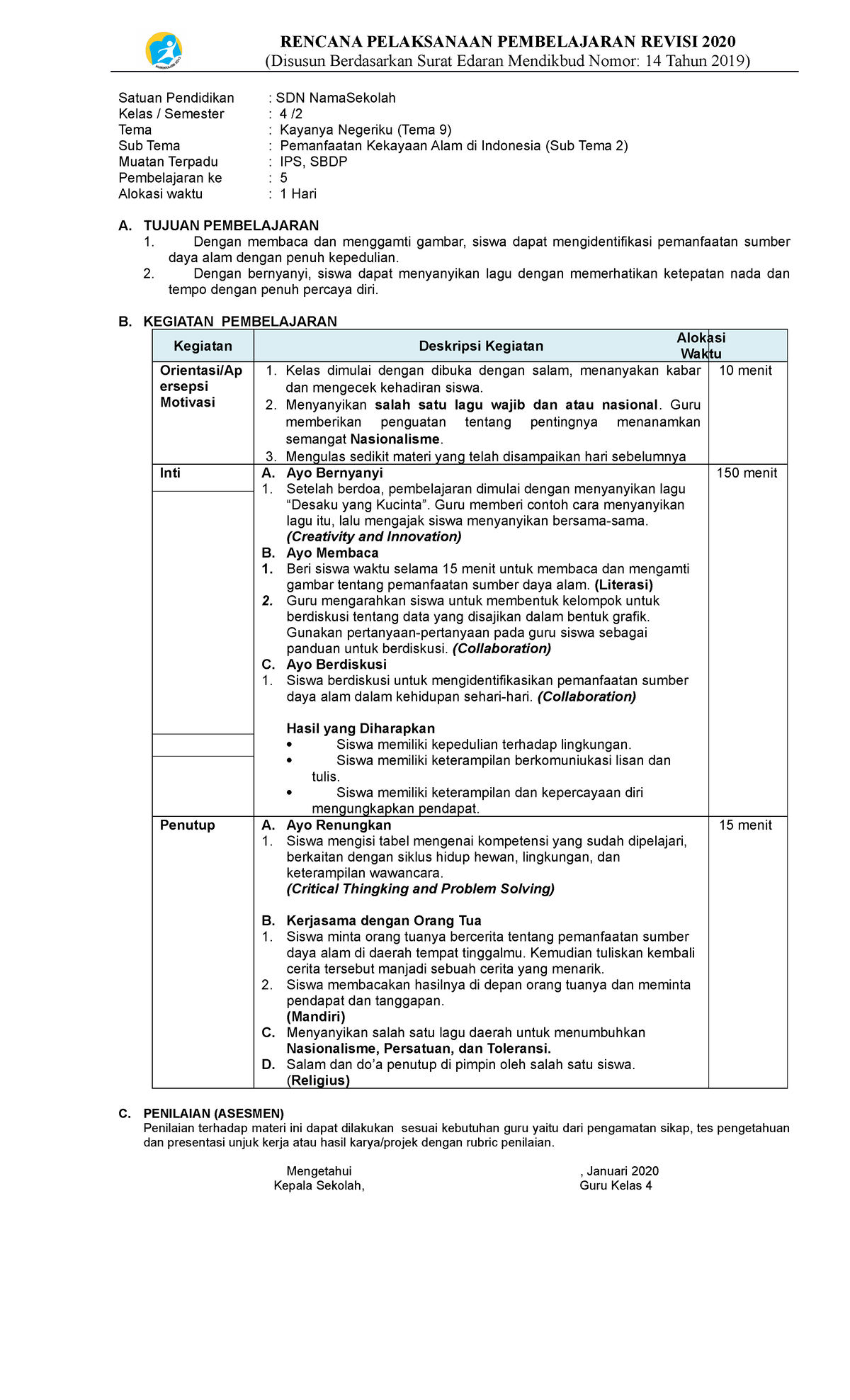 RPP 1L Rev2020 Kelas 4 Tema 9.2.5 (Ref Buku tematik 4 Kemdikbud Revisi ...